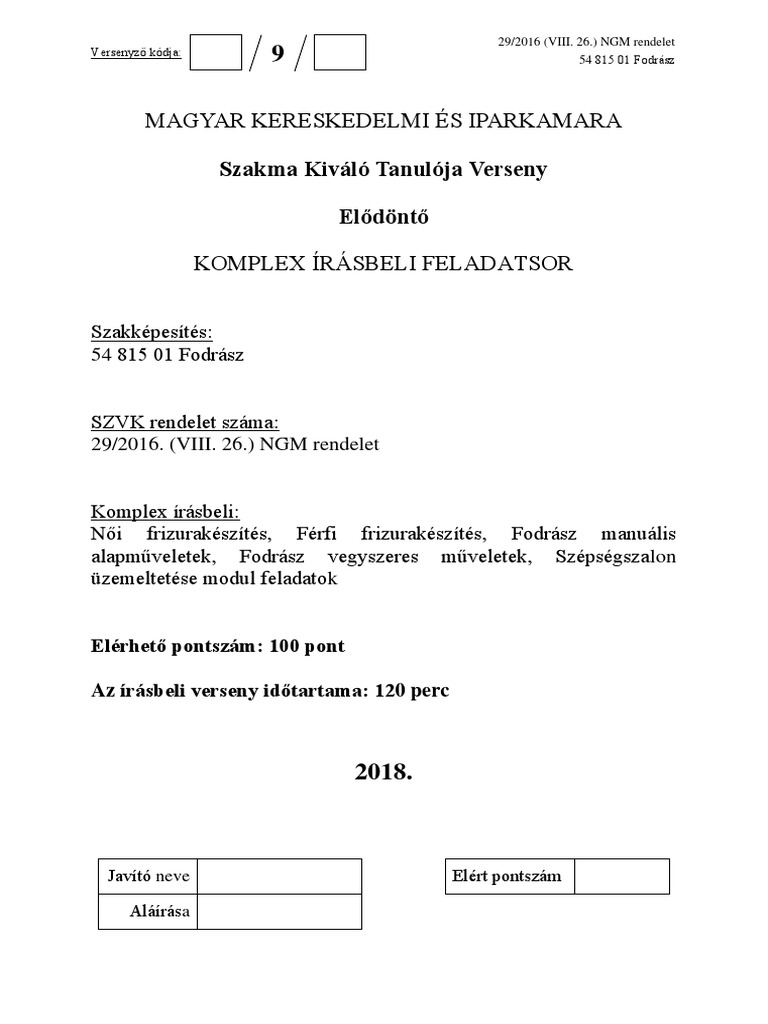 2018 Fodrász Feladatsor PDF | PDF