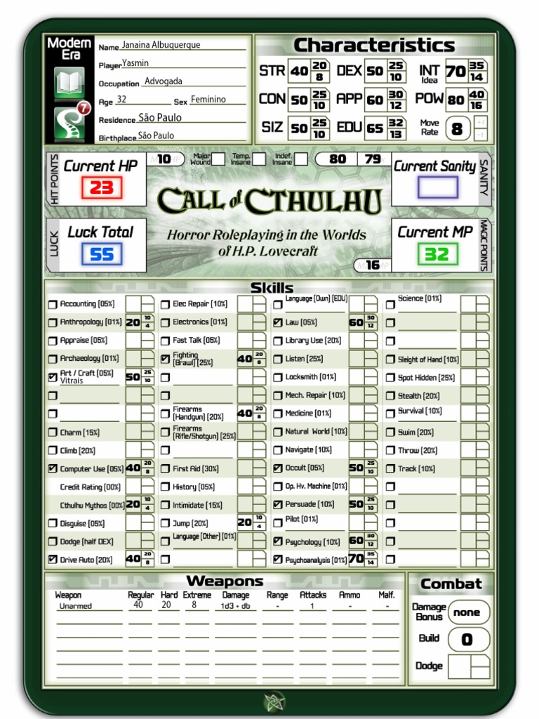 Character Sheet - Modern - Basic Autocalc - Call of Cthulhu 7th Ed | PDF