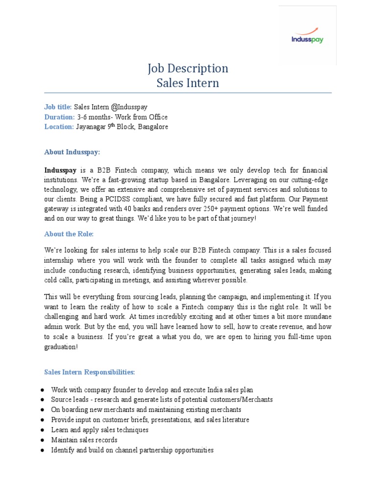 Indusspay JD Sales Intern | PDF