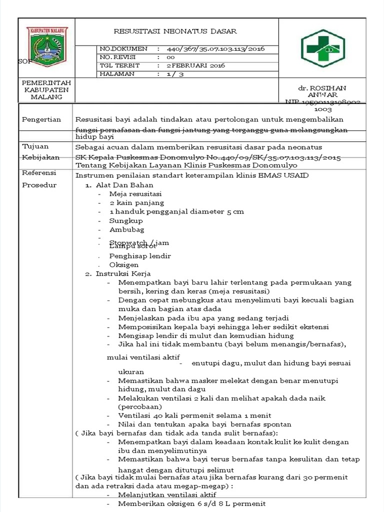 SOP RESUSITASI NEONATUS.docx | PDF