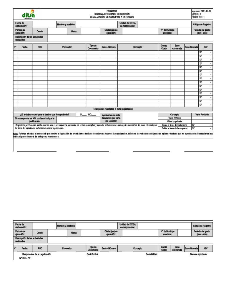 Formato Legalización Anticipos A Externos DITSA V.2 | PDF | Business
