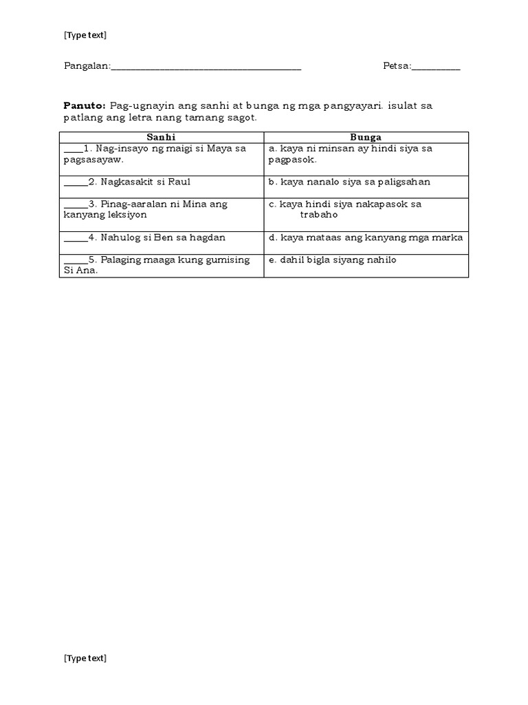 Sanhi at Bunga Activity | PDF