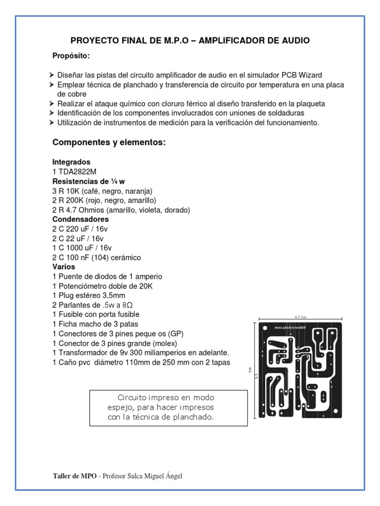 Proyecto Final Amplificador de Audio Con Tda 2822 PDF | PDF