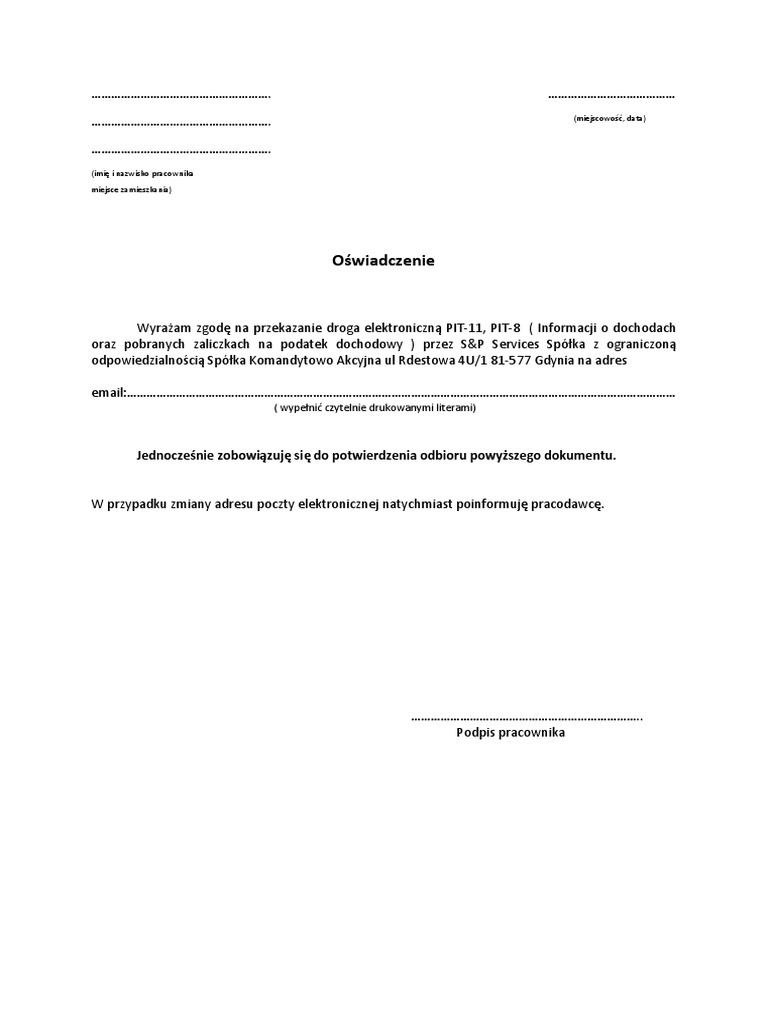 Zgoda Na Wysłanie PIT-11 Elektronicznie PDF | PDF