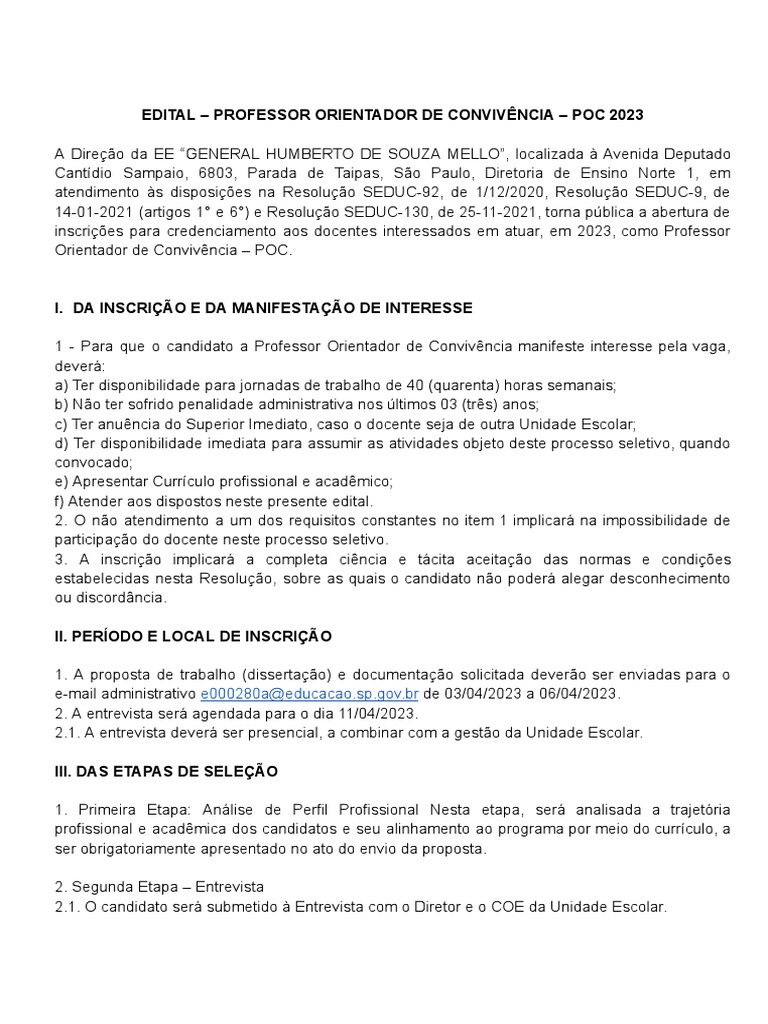 Edital - Professor Orientador de Convivência - Poc 2023 PDF | PDF | Pedagogia | Escolas