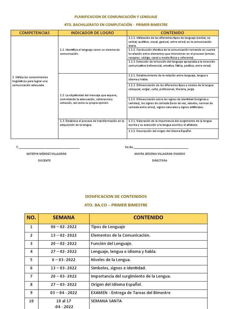 PLANIFICACIÓN DE LENGUA Y LITERATURA 4to. BACO | PDF