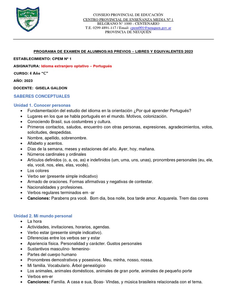 7 - 2023 Programa de Examen - Portugués 4 C | PDF | Idiomas | Estudios de idiomas extranjeros