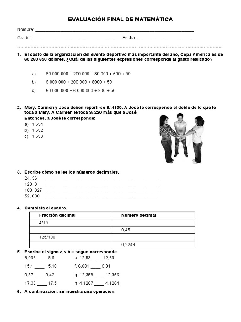 6° Grado - Eval. Matemática | PDF
