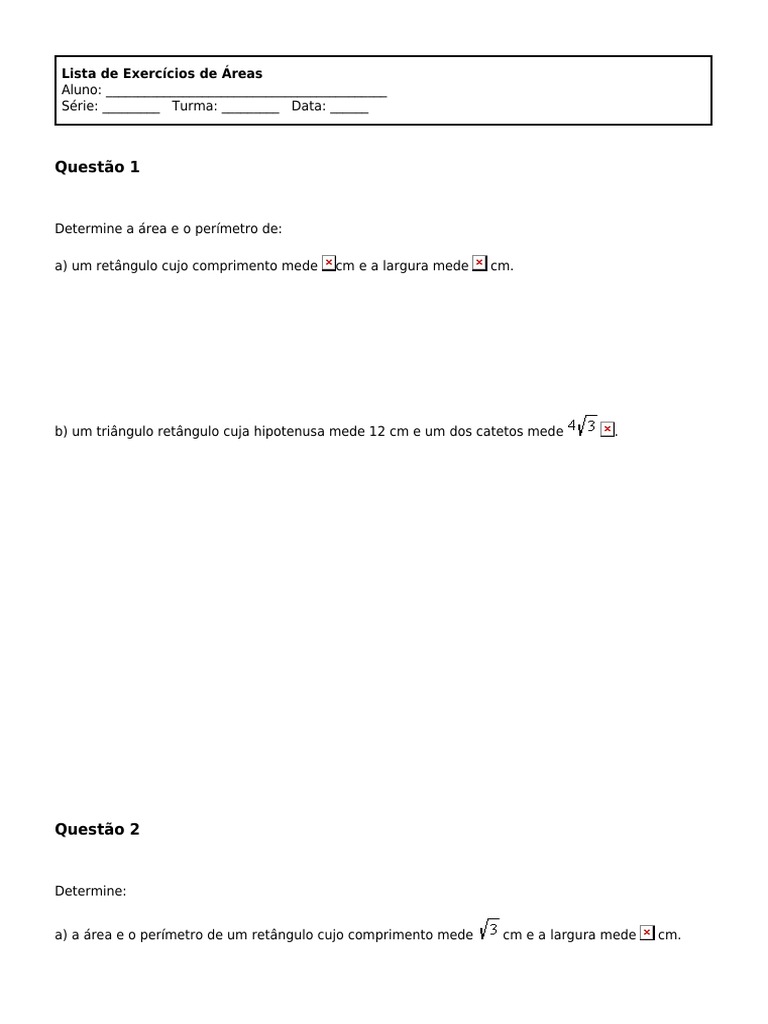 Lista de ExercÃ Cios de Ã Reas PDF | PDF