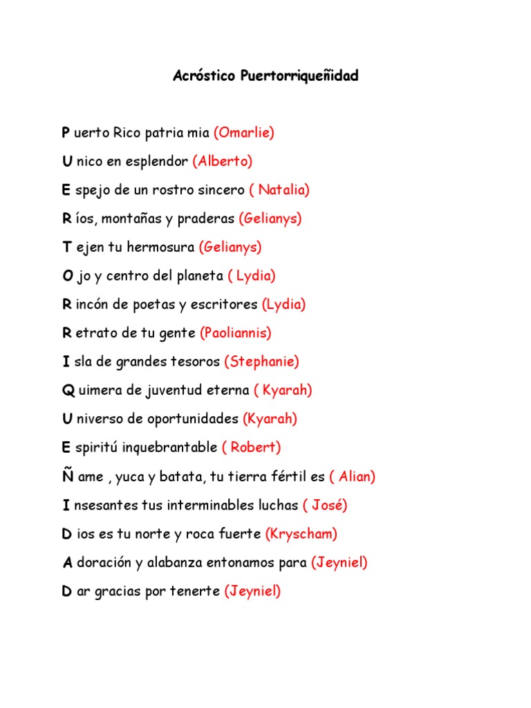 Acróstico Puertorriqueñidad | PDF