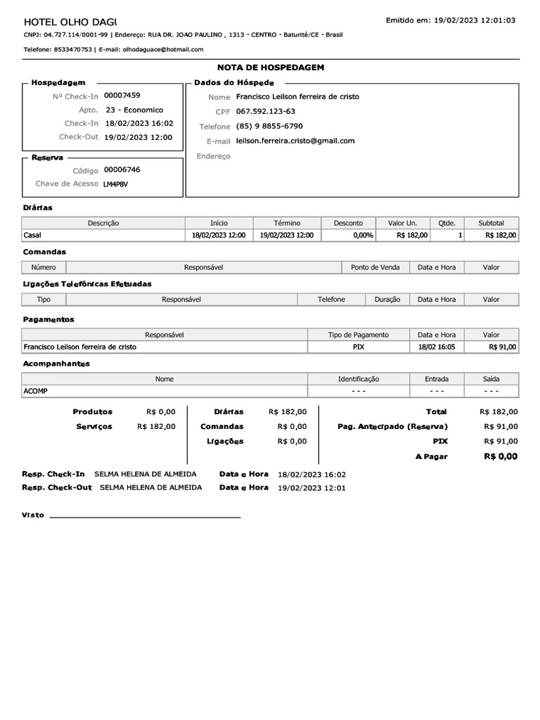Hotel Olho Dagua Hotel Olho Dagua: Nota de Hospedagem Nota de ...