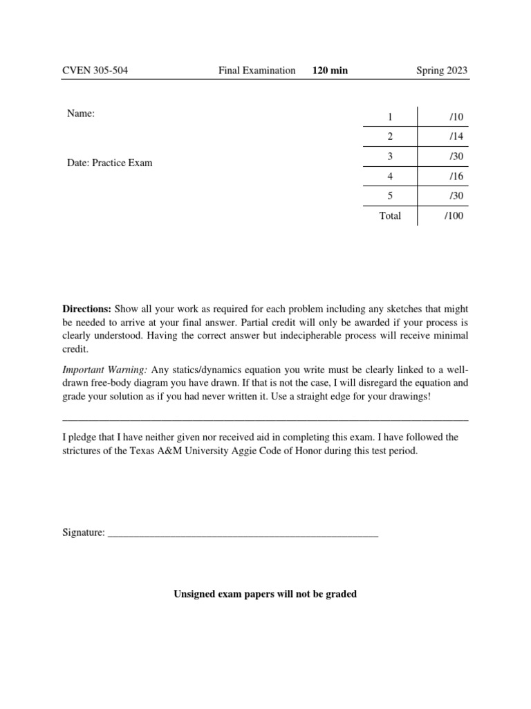 CVEN 305 Final Examination Practice Exam 120 Min Sp23 - 2 | PDF