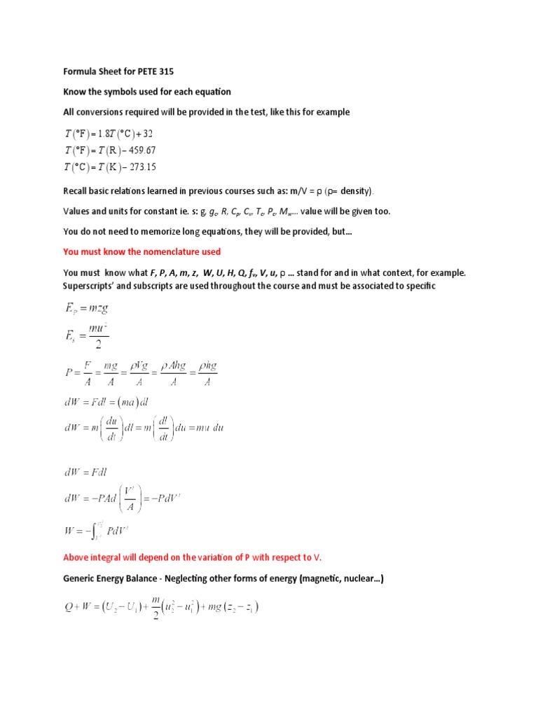 Formula Sheet For PETE 315-E1 | PDF