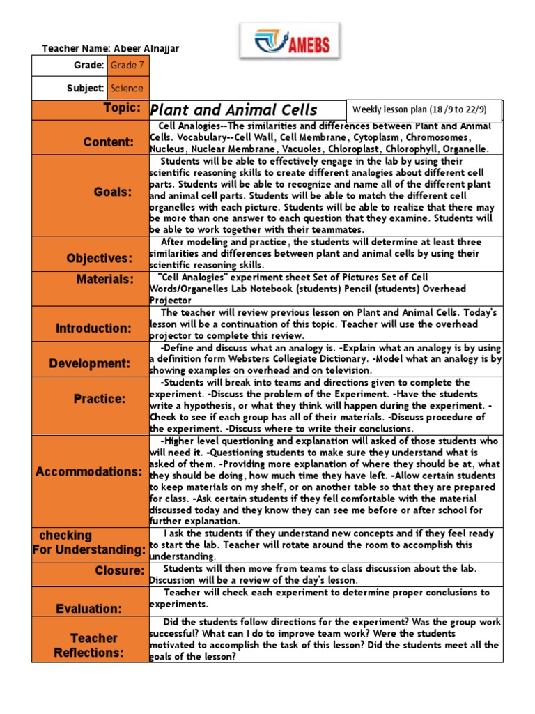 7th Grade Plant and Animal Cells Lesson | PDF