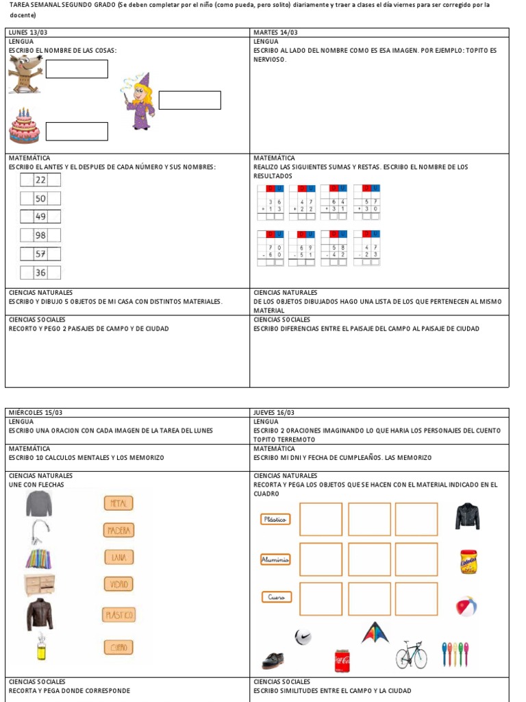 Tarea Semanal para Segundo Grado | PDF