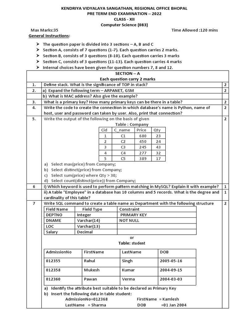Bhopal XII CS QP - PRE TERM END 2 | PDF | Computer Network | Table (Database)