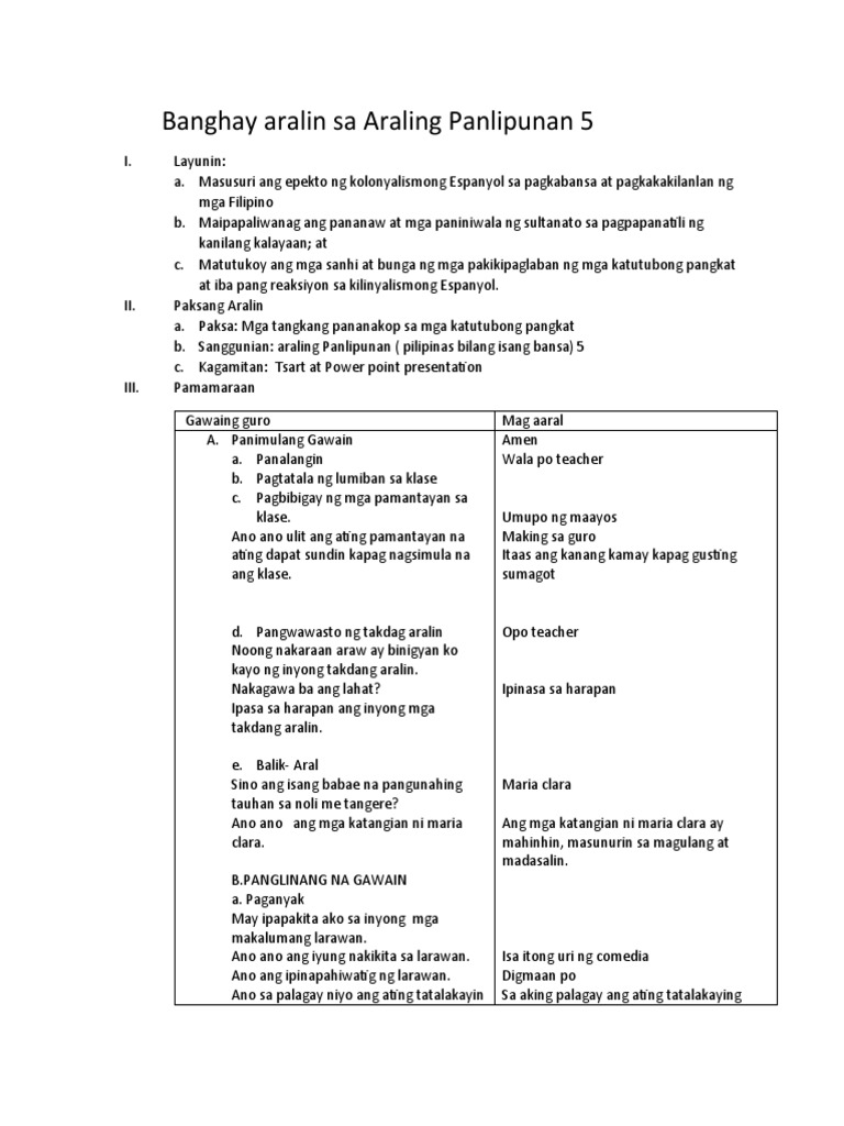 Banghay Aralin Sa Araling Panlipunan 5 | PDF