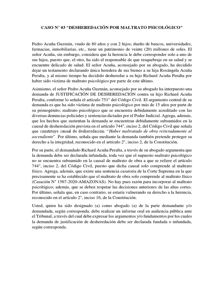 Juego de Roles - Caso #03 (Desheredación Por Maltrato Psicológico) | PDF