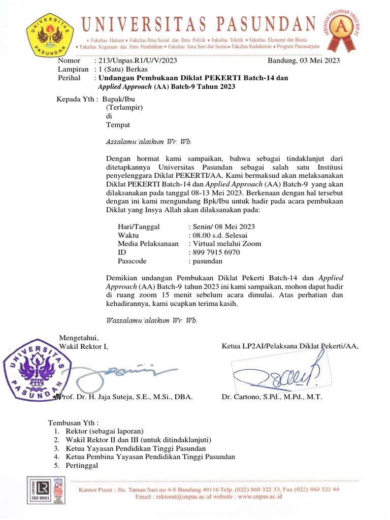 Undangan Pembukaan Diklat PEKERTI Batch-14 Dan Applied Approach (AA) Batch-9 Tahun 2023 PDF | PDF