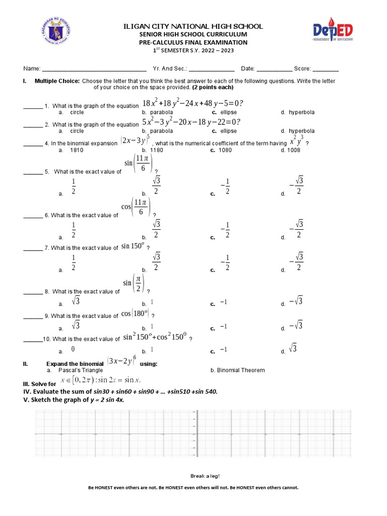 Pre Calculus Final Exam | PDF Pre Calculus Final Exam | PDF