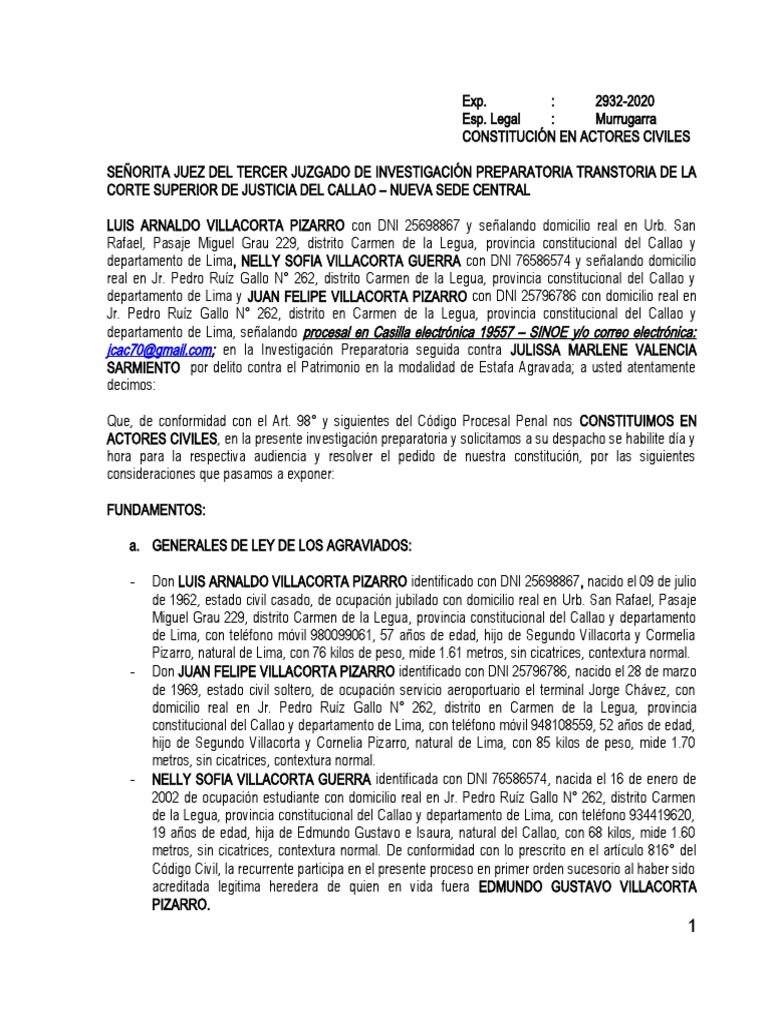 Villacorta Pizarro - Constitucion en Actor Civil | PDF | Derecho