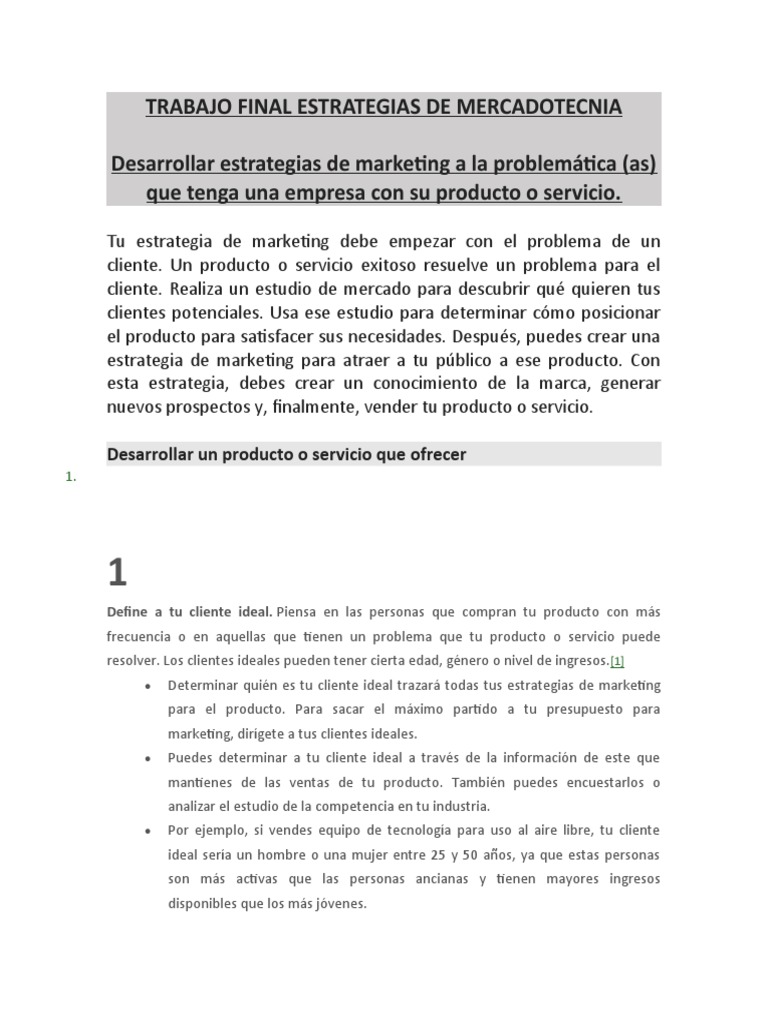 TRABAJO FINAL Desarrollar Estrategias de Marketing A La Problemática | PDF