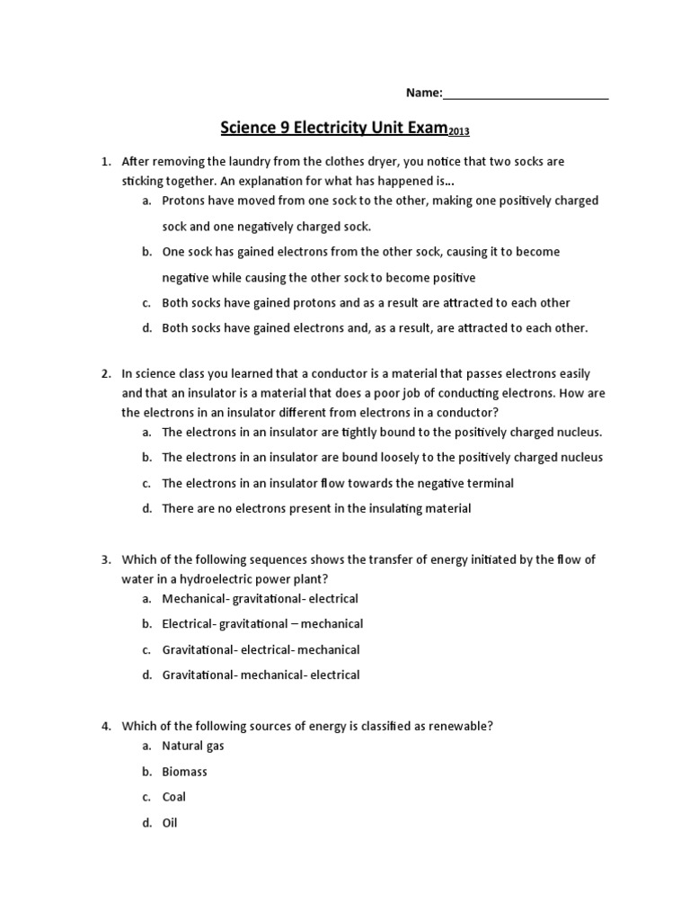 Science 9 Electricity Unit Exam 2013 | PDF