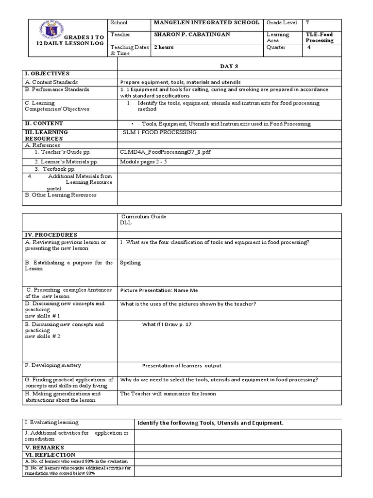 Grade 7 TLE-Food Processing Tools | PDF | Teachers | Learning