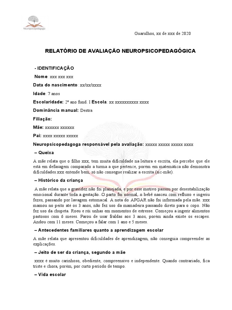 Modelo de Relatório Neuropsicopedagógico 2 | Download grátis PDF ...