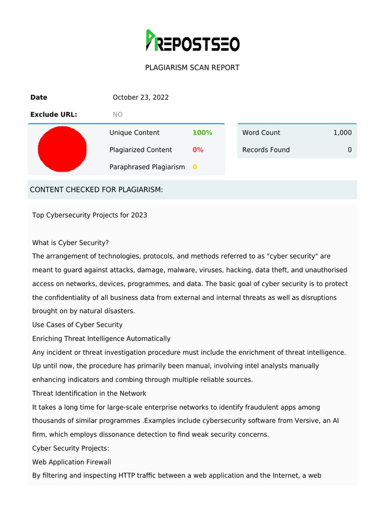 Plagiarism Report 1000 PDF | PDF | Security | Computer Security