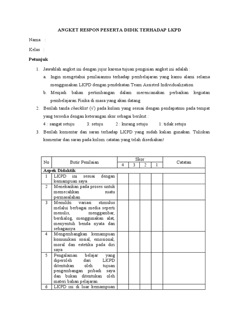 Angket Respon Peserta Didik Terhadap LKPD | PDF