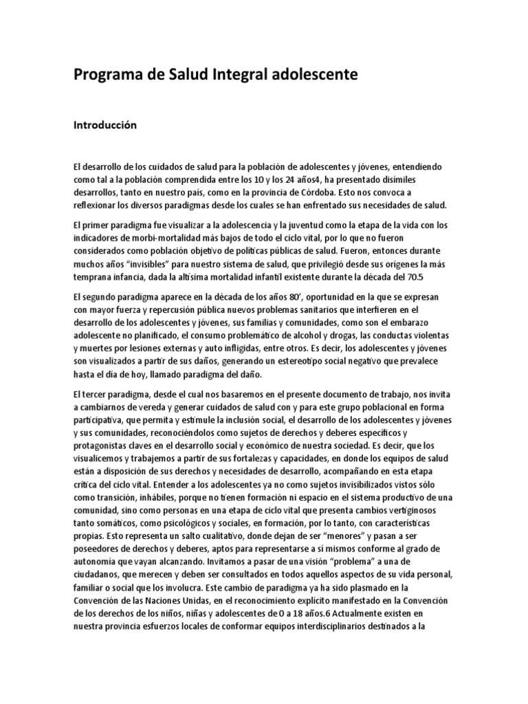 Programa de Salud Integral Adolescente | PDF | Adolescencia | Educación sexual