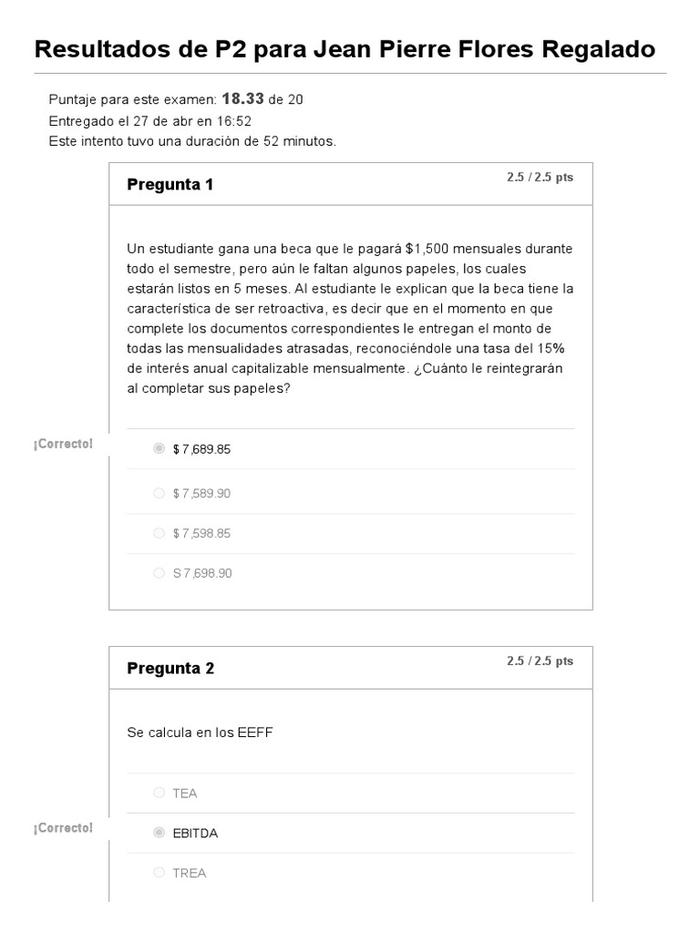 Resultados de P2 para Jean Pierre Flores Regalado: Pregunta 1 | PDF