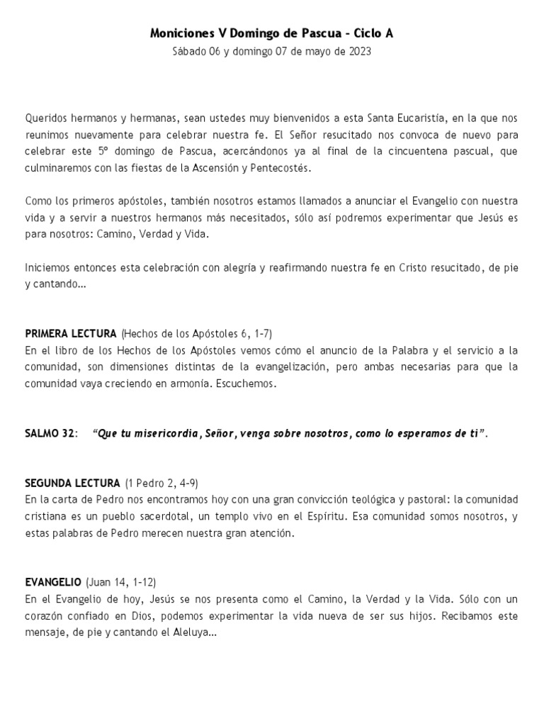 Moniciones V Domingo de Pascua - Ciclo A | PDF | Pascua de Resurrección ...