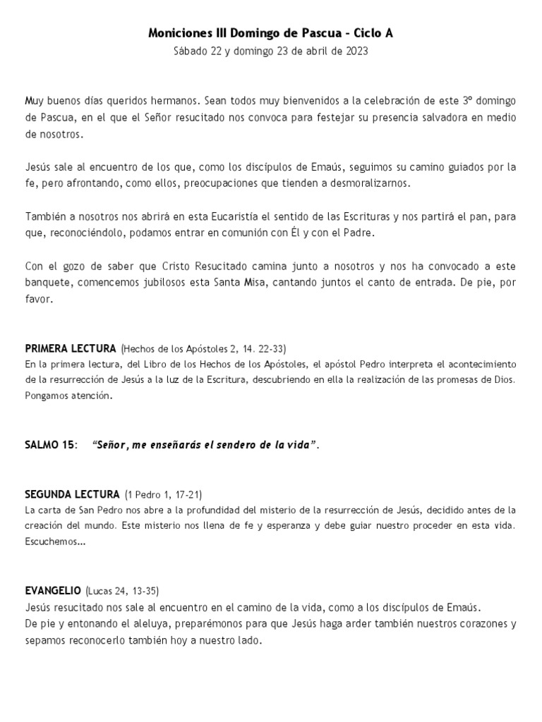 Moniciones III Domingo de Pascua - Ciclo A.docx | PDF | La resurrección de Jesús | eucaristía