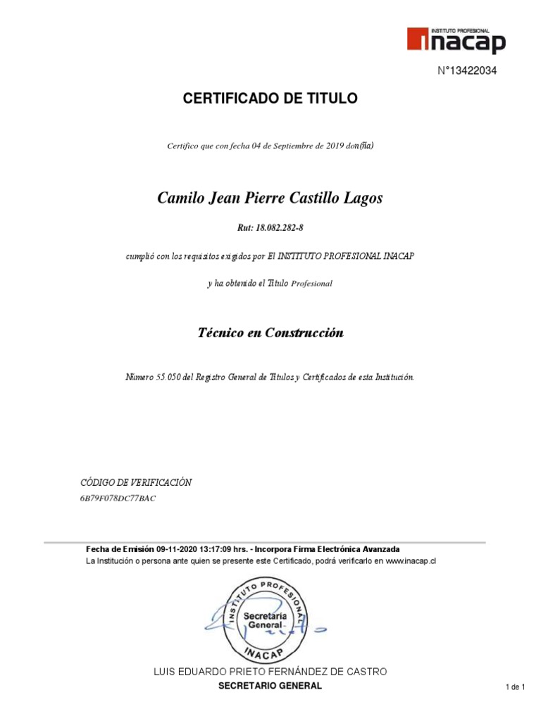 Camilo Jean Pierre Castillo Lagos: Certificado de Titulo | PDF