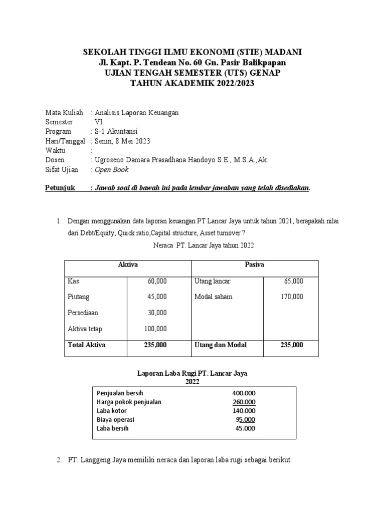 Soal UTS ALK I 8 Mei 2023 | PDF