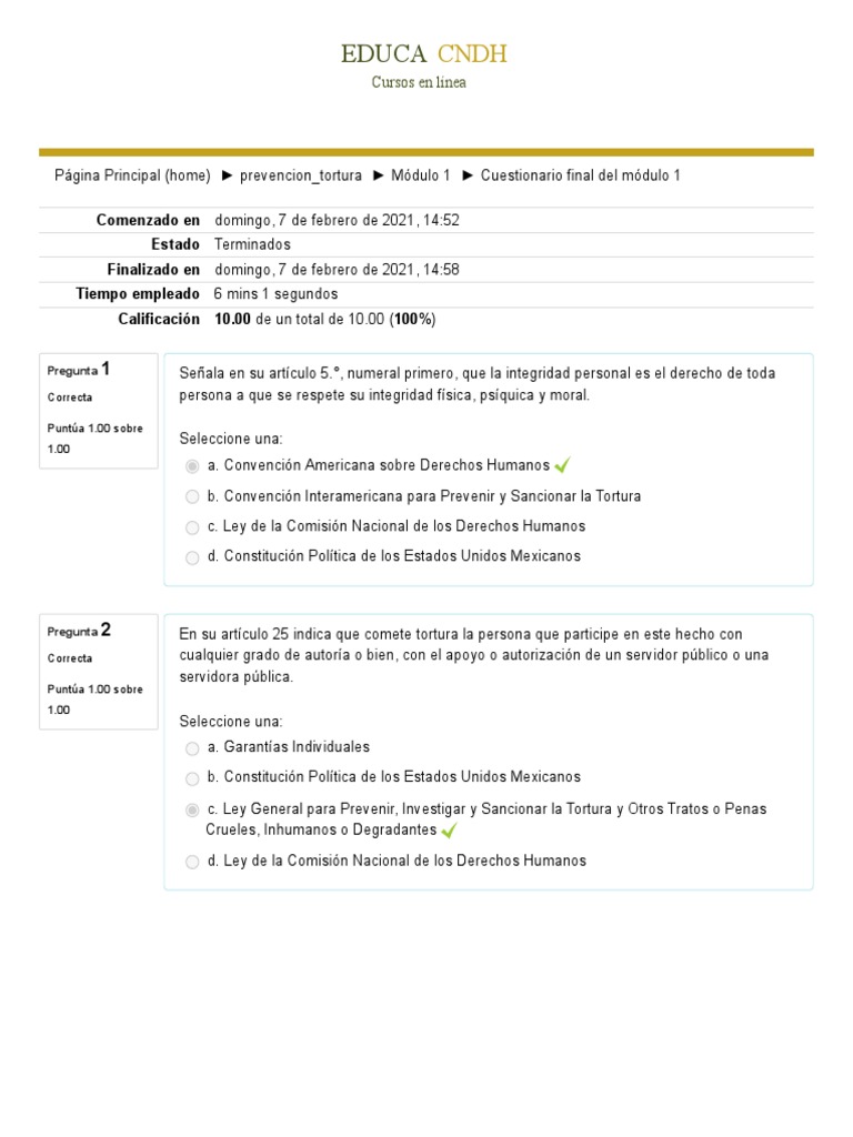 CNDH EDUCA: Cuestionario final del módulo 1 sobre prevención de tortura | PDF