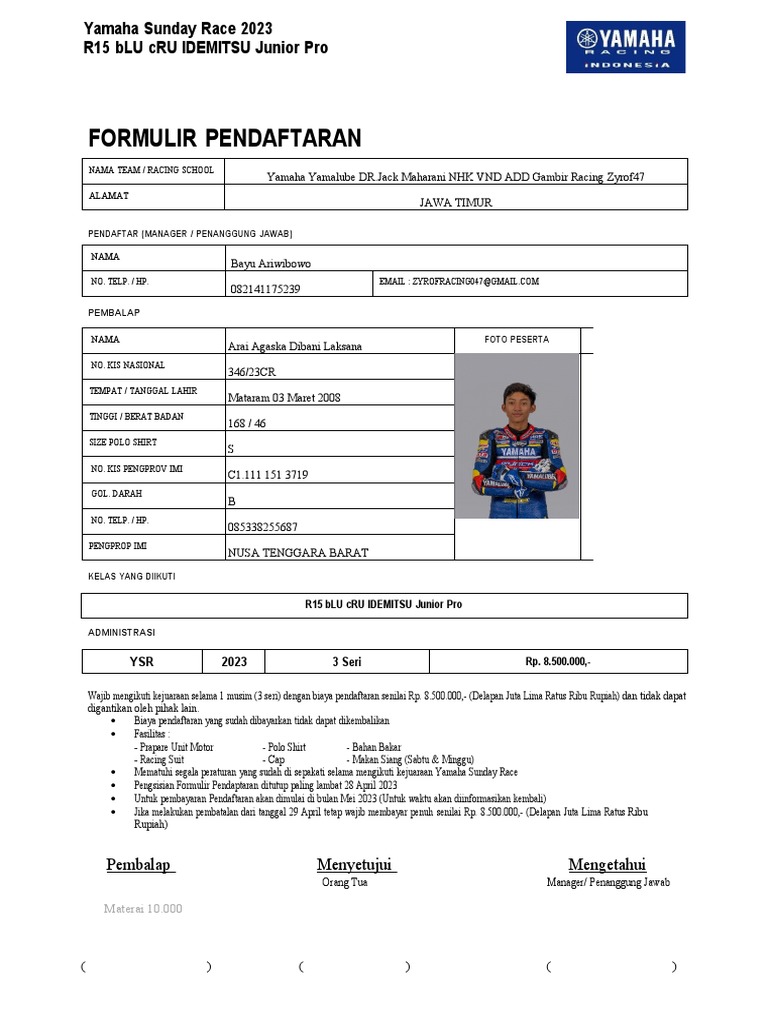 Form Pendaftaran All New R15 Idemitsu Junior Pro YSR 2023 ASKA | PDF