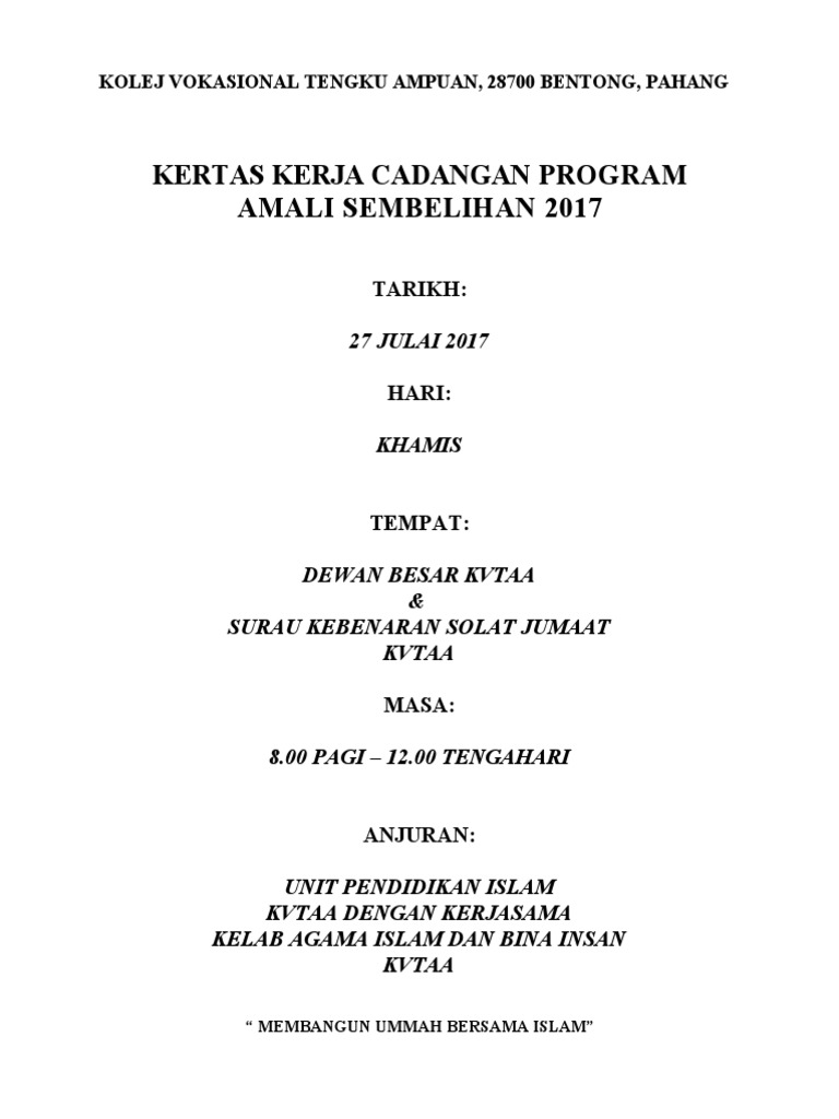 Program Amali Sembelihan 2017 KVTAA | PDF
