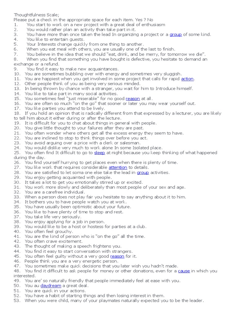 Thoughtfulness Scale Assessment | PDF | Thought | Reason