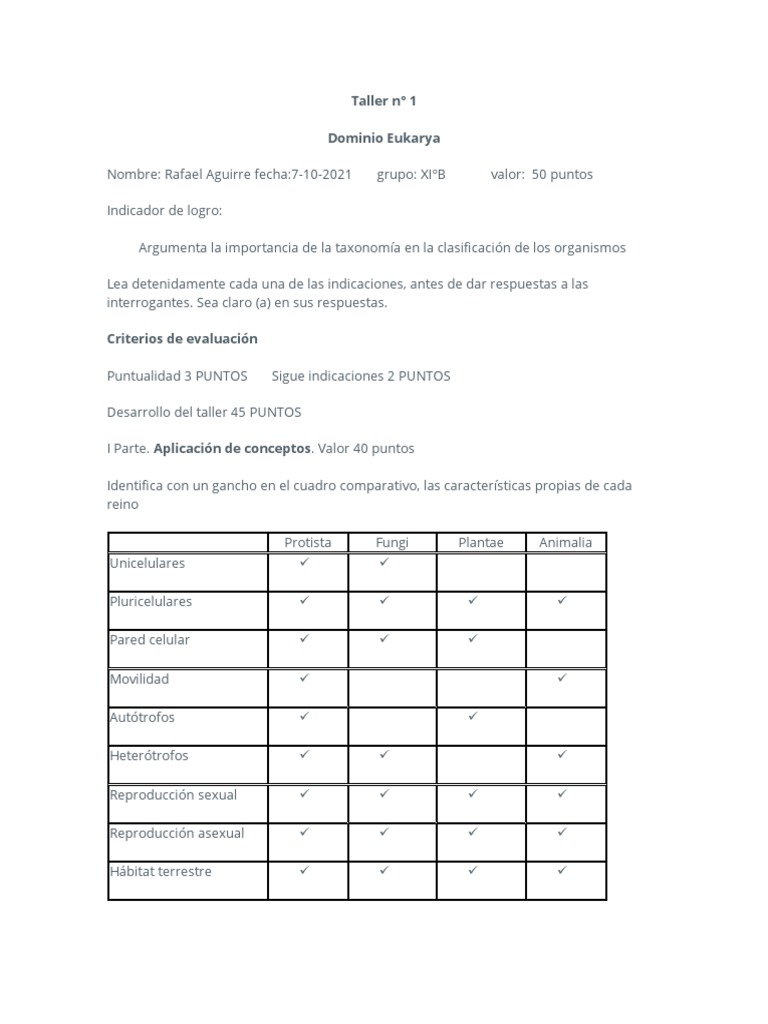 Taller 1 de Biologia Dominio Eukarya Rafael Aguirre XI°B | PDF