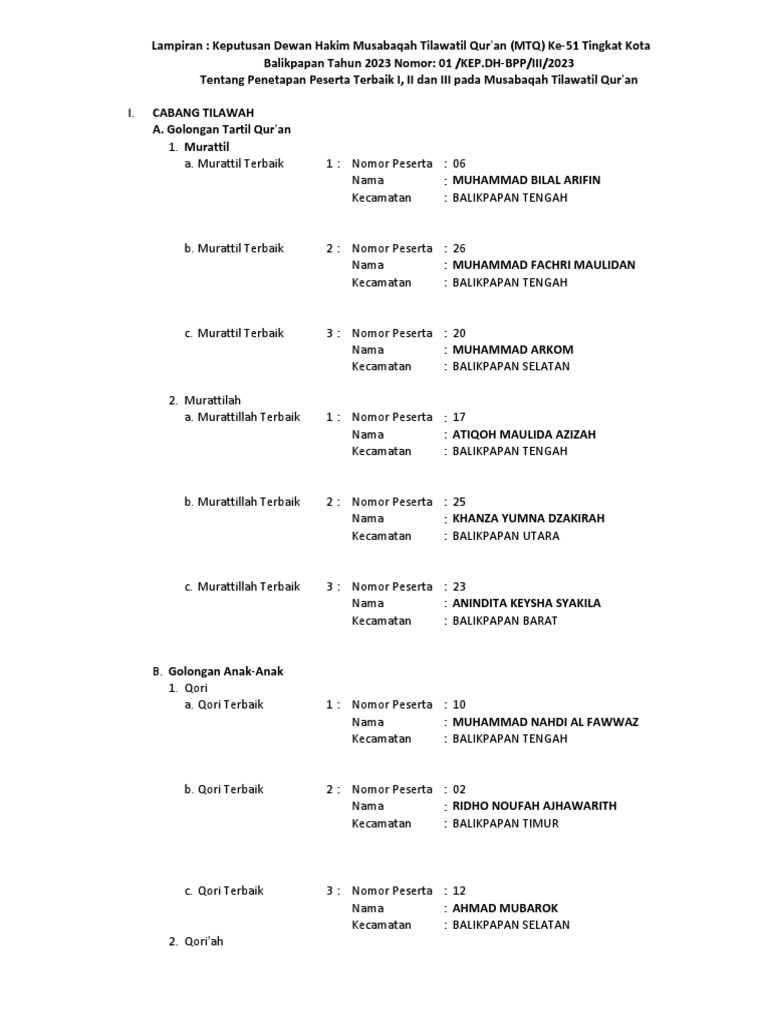 SK Pemenang MTQ 2023 (Lampiran) - Final PDF | PDF