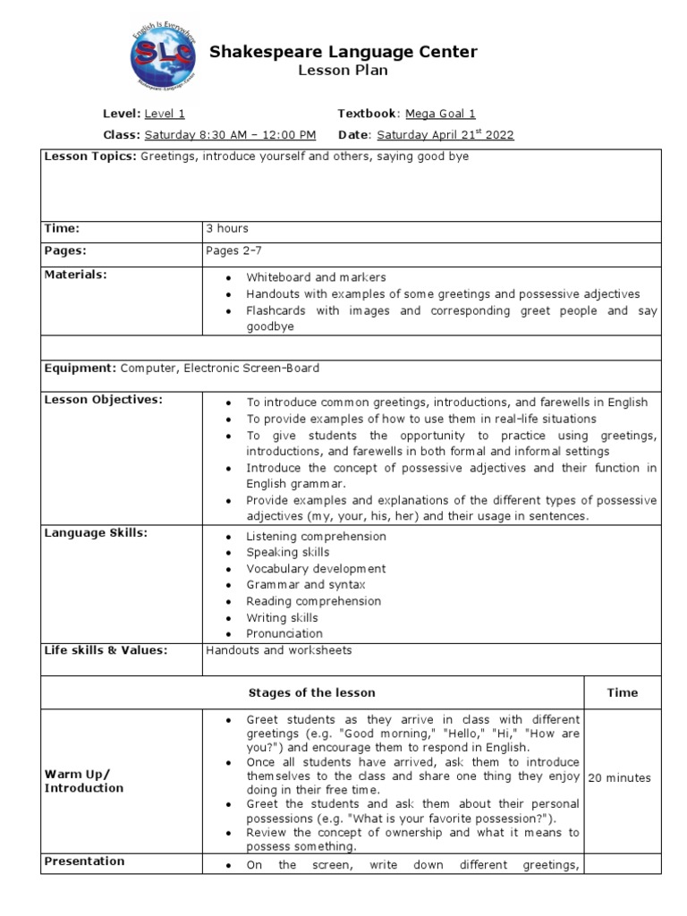 Level 1 English Lesson Plan: Greetings & Possessives | PDF | English ...