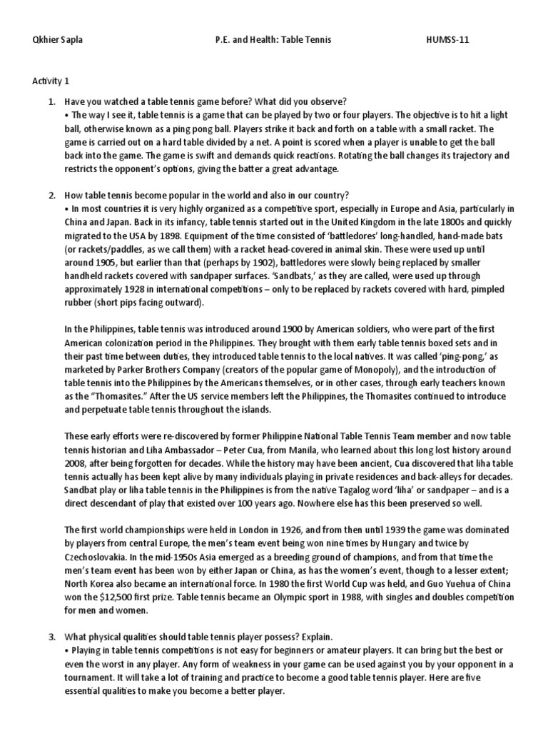 P.E. and Health Table Tennis | PDF