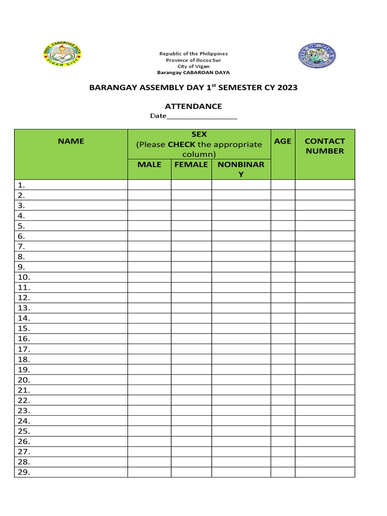 Attendance Sheet Brgy Assembly 2023 | PDF