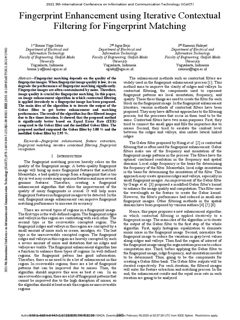 Fingerprint Enhancement Using Iterative Contextual Filtering For Fingerprint Matching PDF | PDF