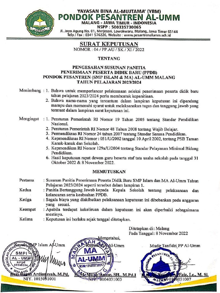 SK. Panitia PPDB Pesantren Al-Umm (SMP-MA) 2023-2024 | PDF