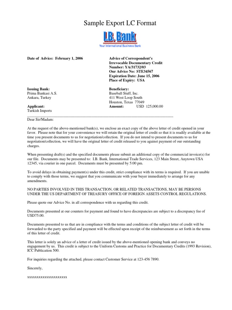 Letter Of Credit Sample Format