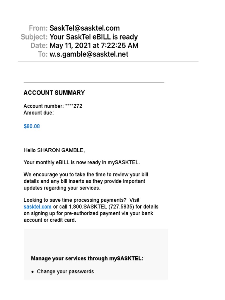 Your SaskTel eBILL Is Ready PDF | PDF